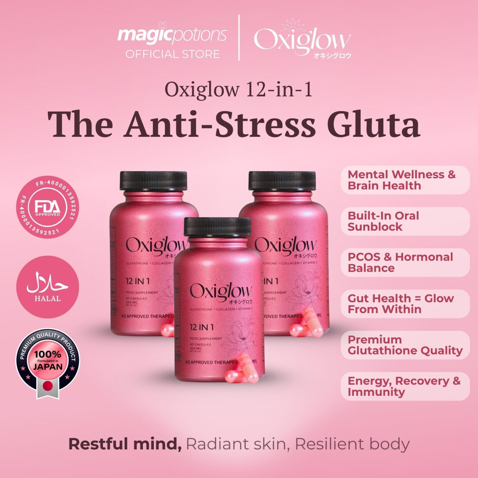 ANTI-STRESS GLUTA - Oxiglow 12in1 (3 Bottles) - Magic Potions
